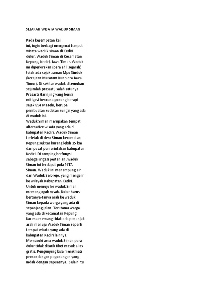 Sejarah Wisata Waduk Siman | PDF