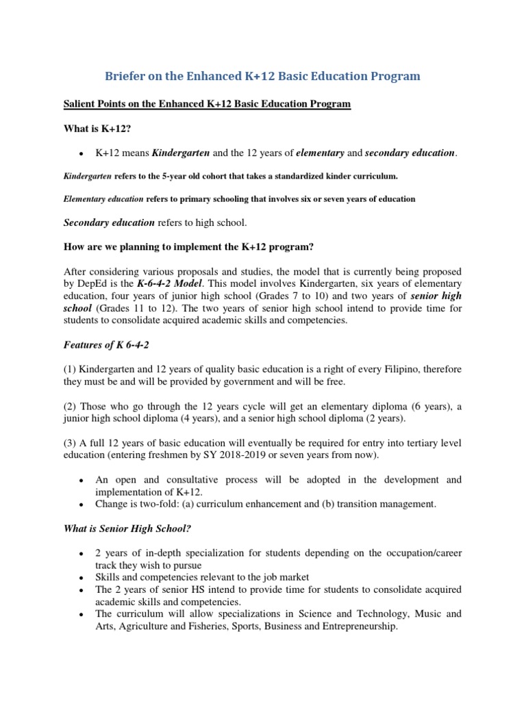 Briefer On The Enhanced K+12 Basic Education Program | PDF | Educational Stages | Primary Education