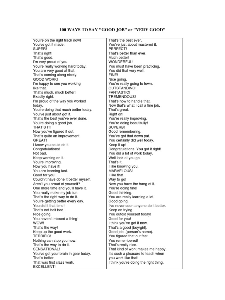 100 Ways To Say "Good Job" Or "Very Good"