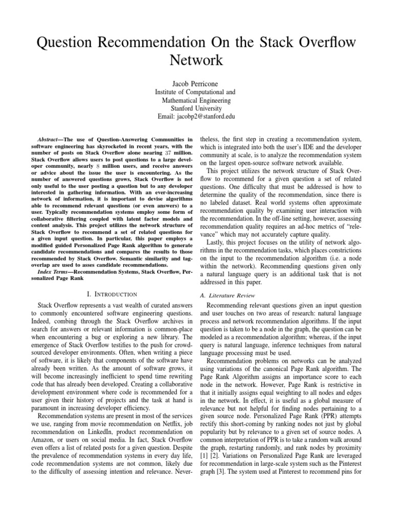 Question Recommendation On The Stack Overflow Network: Jacob Perricone | PDF | Theoretical ...