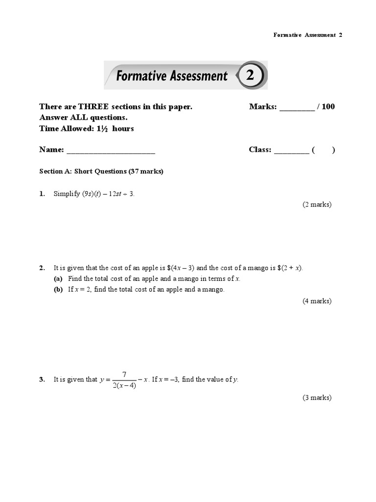 Formative Assessment on Algebra Concepts | PDF | Teaching Mathematics ...