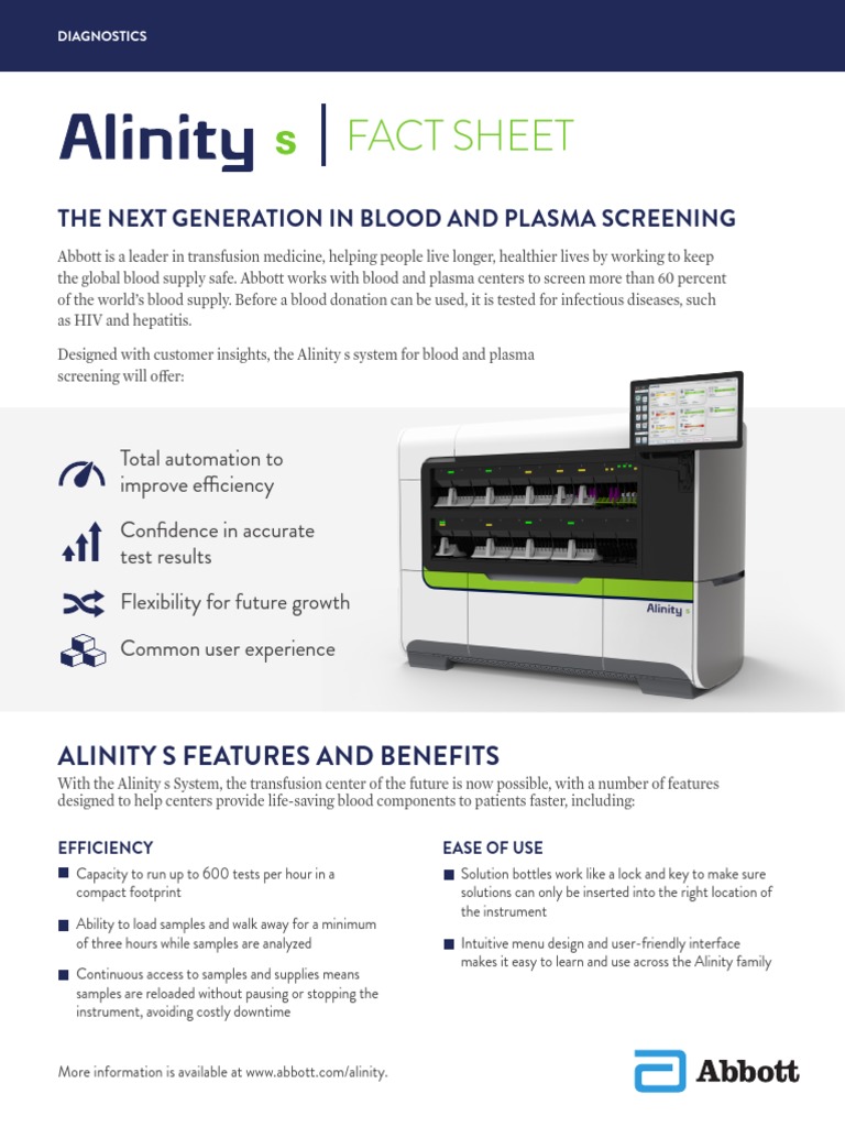 Abbott Alinity S FactSheet | PDF | Usability | Blood Transfusion