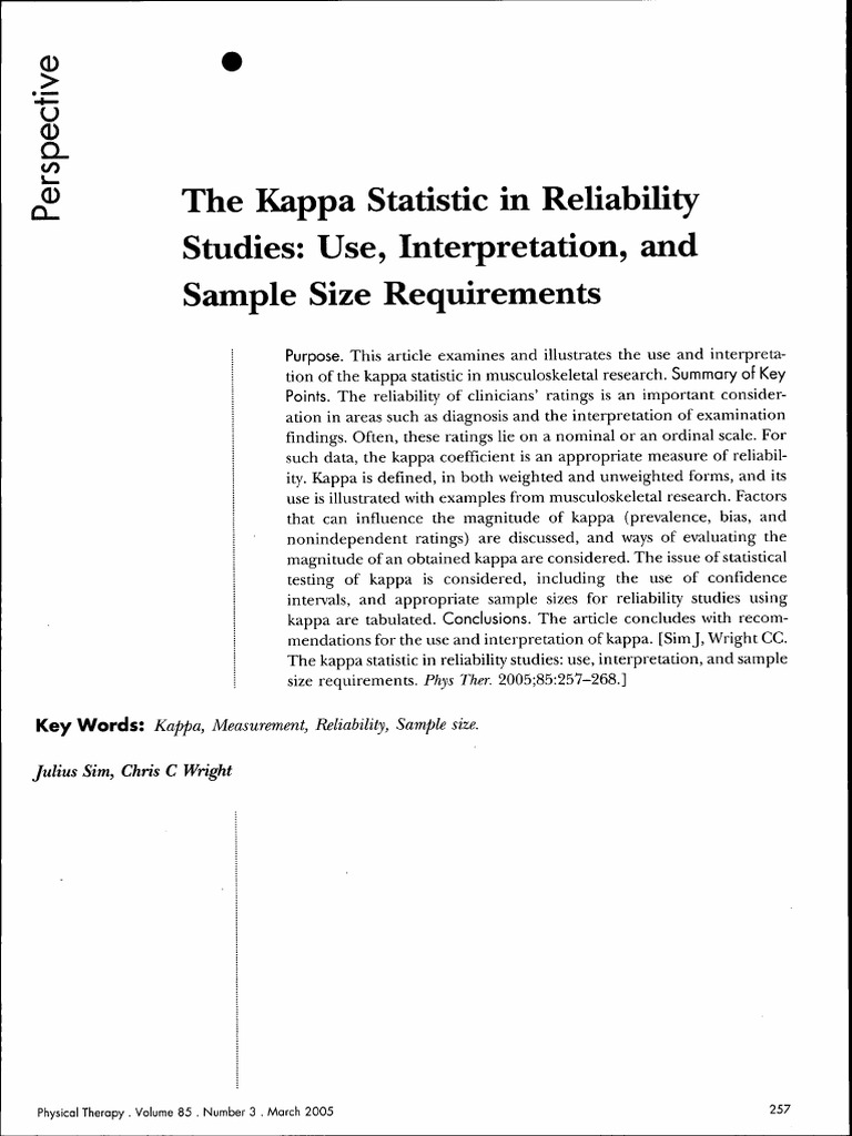 The Kappa Statistic in Reliability Studies - Use, Interpretation, and ...