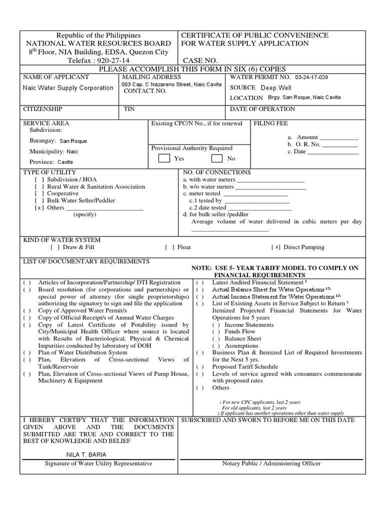 Naic Water Supply Application Form | PDF | Water Supply And Sanitation ...