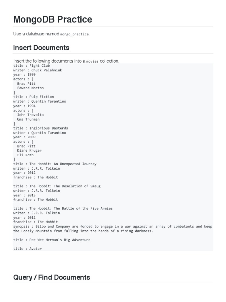 MongoDB Practice | PDF | Bilbo Baggins | English Fantasy Novels