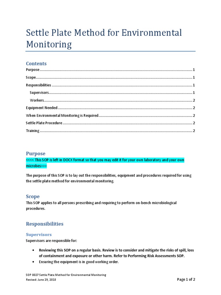 Biosafety Sop 0027 Settle Plate Method Env Monitoring | Environmental ...