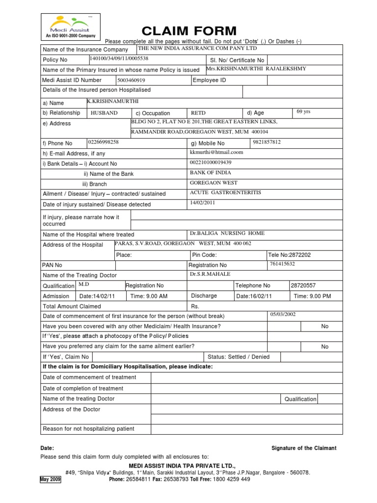Mediassist Claim Form Pdf Hospital Patient