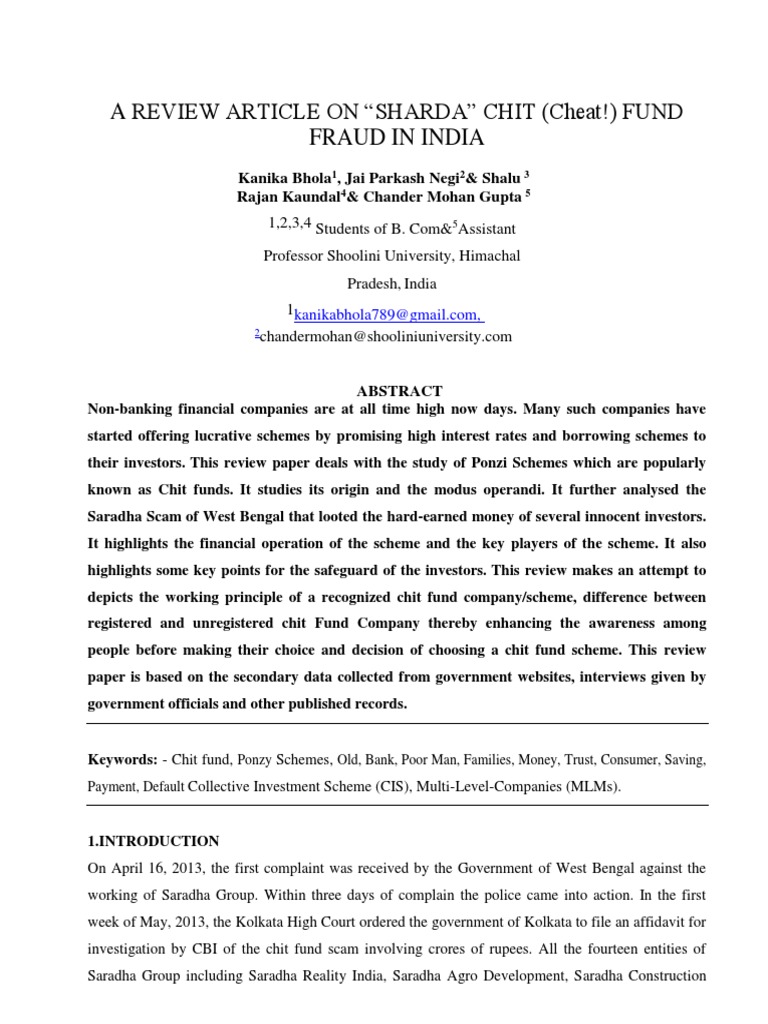 A Review Article On Sharda Chit (Cheat!) Fund Fraud in India | PDF ...