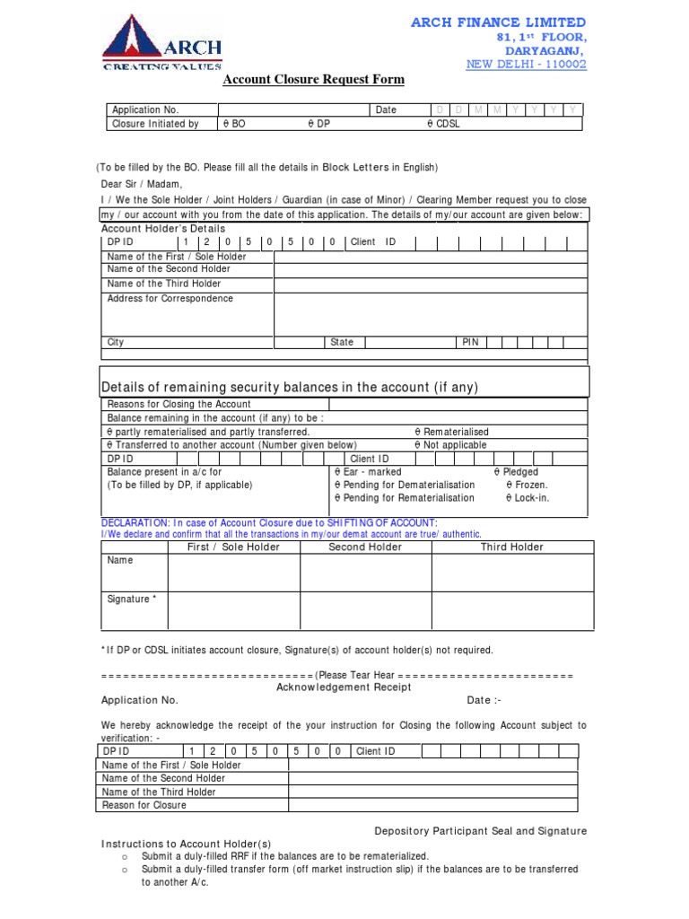 Account Closure Request Form: Details of Remaining Security Balances in ...