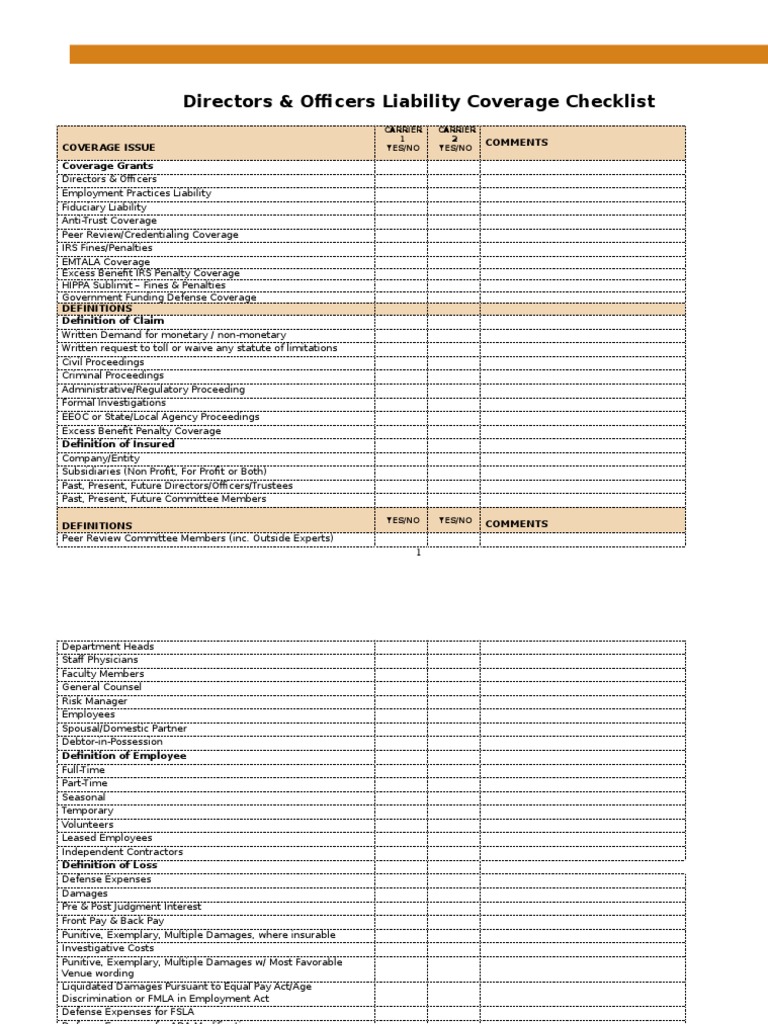 Directors & Officers Liability Coverage Checklist: Coverage Issue ...