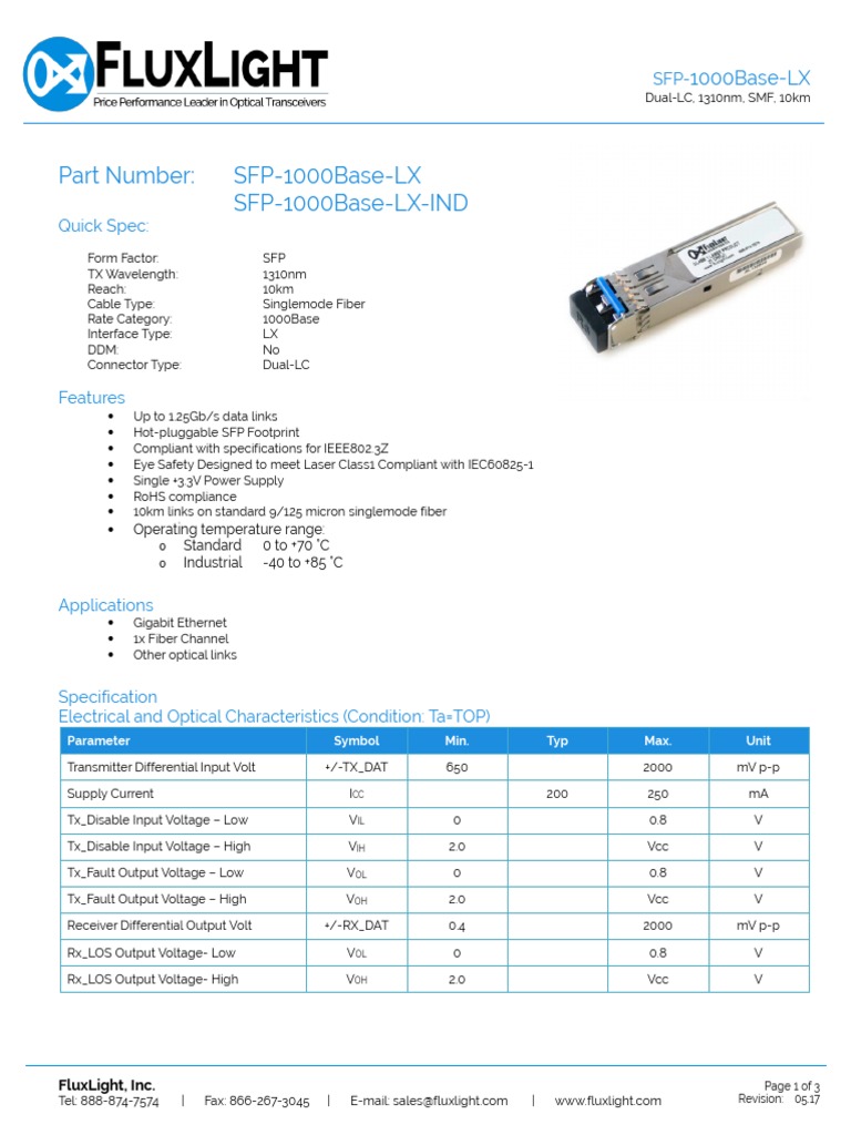 Part Number: SFP-1000Base-LX SFP-1000Base-LX-IND | PDF | Electrical ...