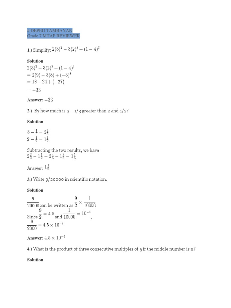 1.) Simplify: Solution: # Deped Tambayan Grade 7 Mtap Reviewer | PDF ...