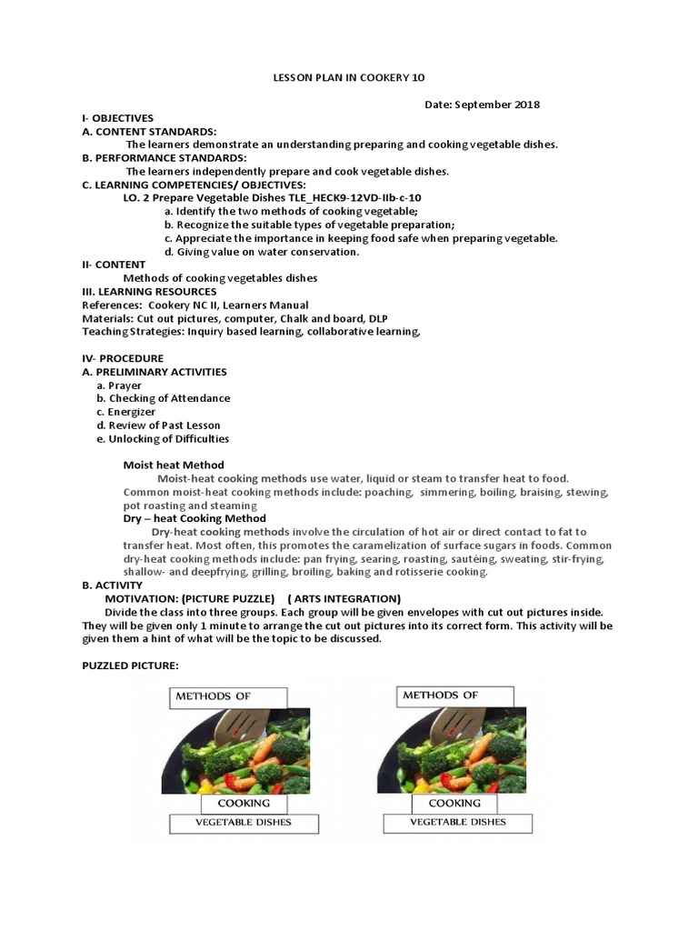 Lesson Plan in Cookery 10 Cooking Methods of Vegetable Dishes ...