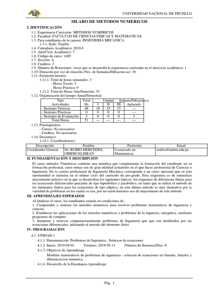Silabo de Metodos Numericos | PDF | Prueba (evaluación) | Ecuaciones