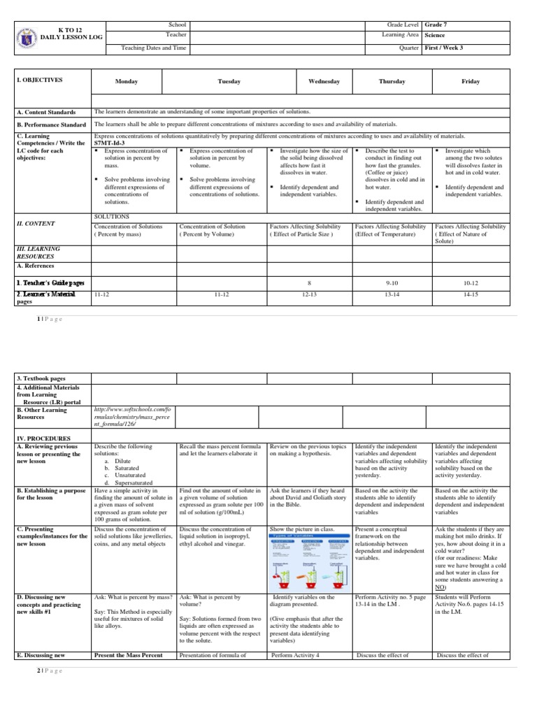 Grade 7 Science Lesson: Solutions & Concentration | PDF | Solution ...