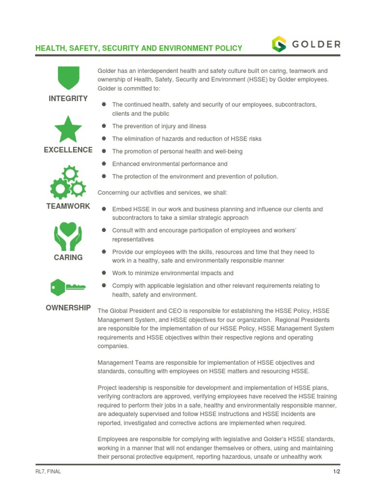 Integrity: Health, Safety, Security and Environment Policy | PDF ...