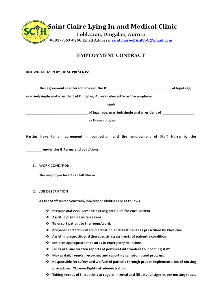 Staff Nurse Employment Contract Template | PDF | Employment | Nursing