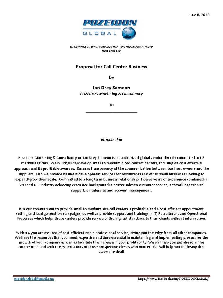 Proposal For Call Center Services - Jan | PDF | Call Centre | Business ...