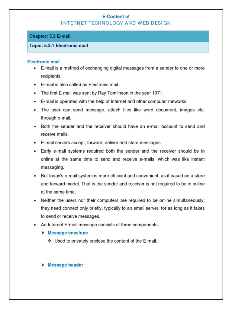 Chapter: 5.3 E-Mail Topic: 5.3.1 Electronic Mail: E-Content of Internet ...