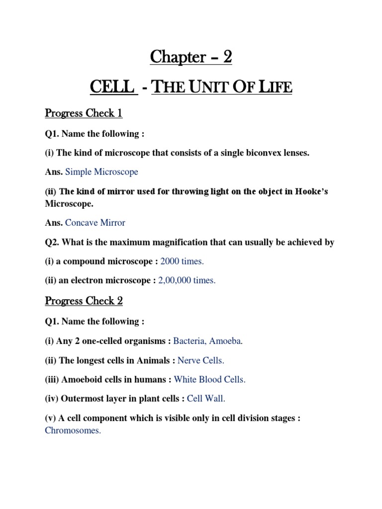 Bio CH 2 (Cell - The Unit of Life) Book Exercise Answers | PDF ...