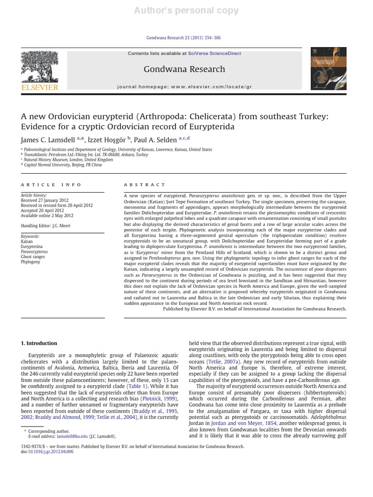 New Ordovician Eurypterid from Turkey | PDF | Science | Paleontology