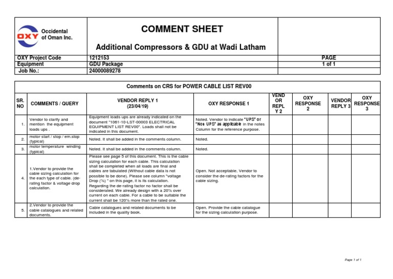 1061-10-Lst-00004 Power Cable List Rev00 Oxy Response | PDF ...