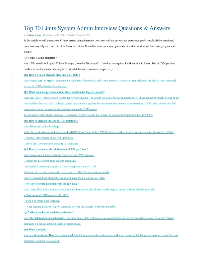 Top 30 Linux System Admin Interview Questions | PDF | File Transfer ...