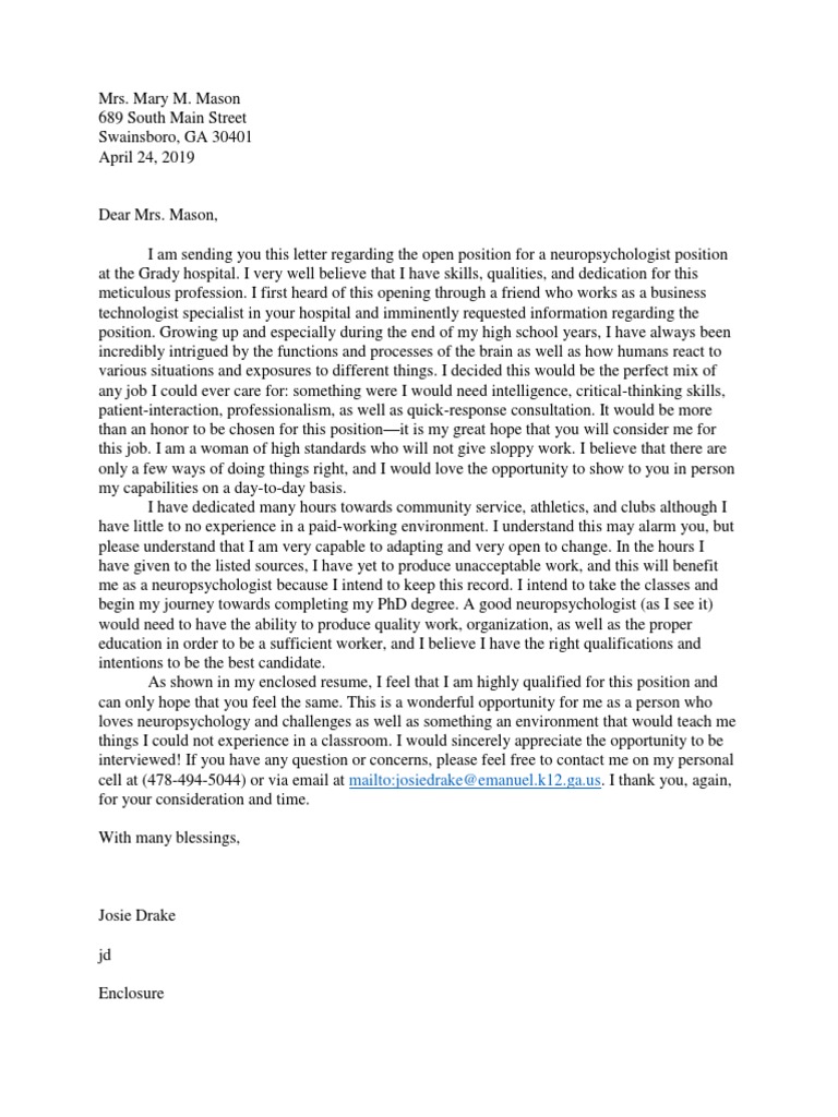 Cover Letter | PDF | Neuropsychology | Psychological Concepts