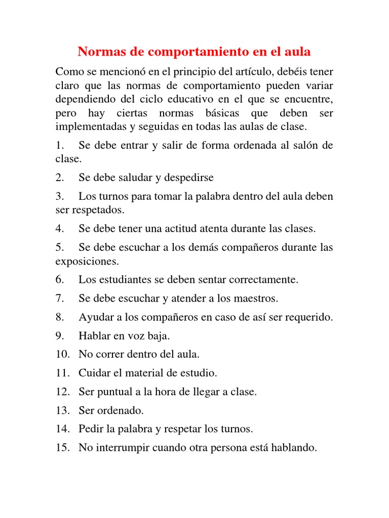 Normas de Comportamiento en El Aula | PDF | Salón de clases ...