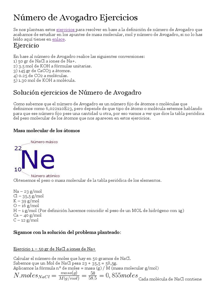 Número de Avogadro Ejercicios | PDF | Mole (Unidad) | Cantidades fisicas