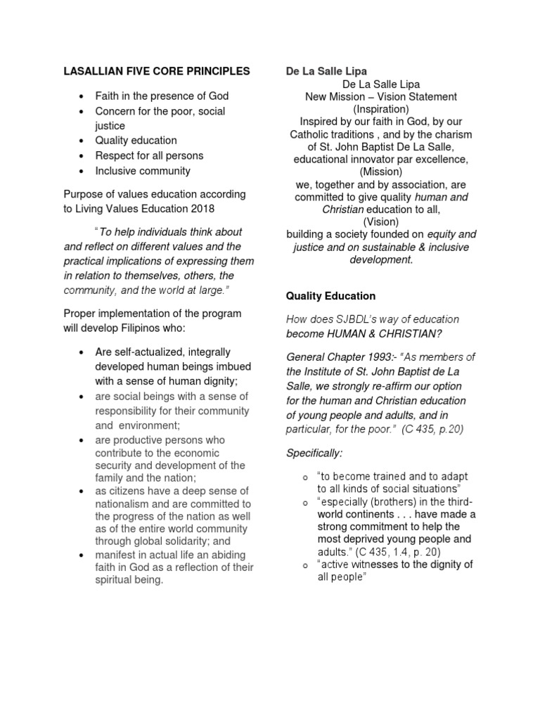 Lasallian Five Core Principles: de La Salle Lipa | PDF | Dignity | God