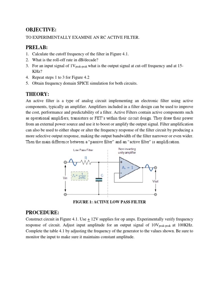Lab 9 RC Active Filters | PDF | Amplifier | Electronic Filter