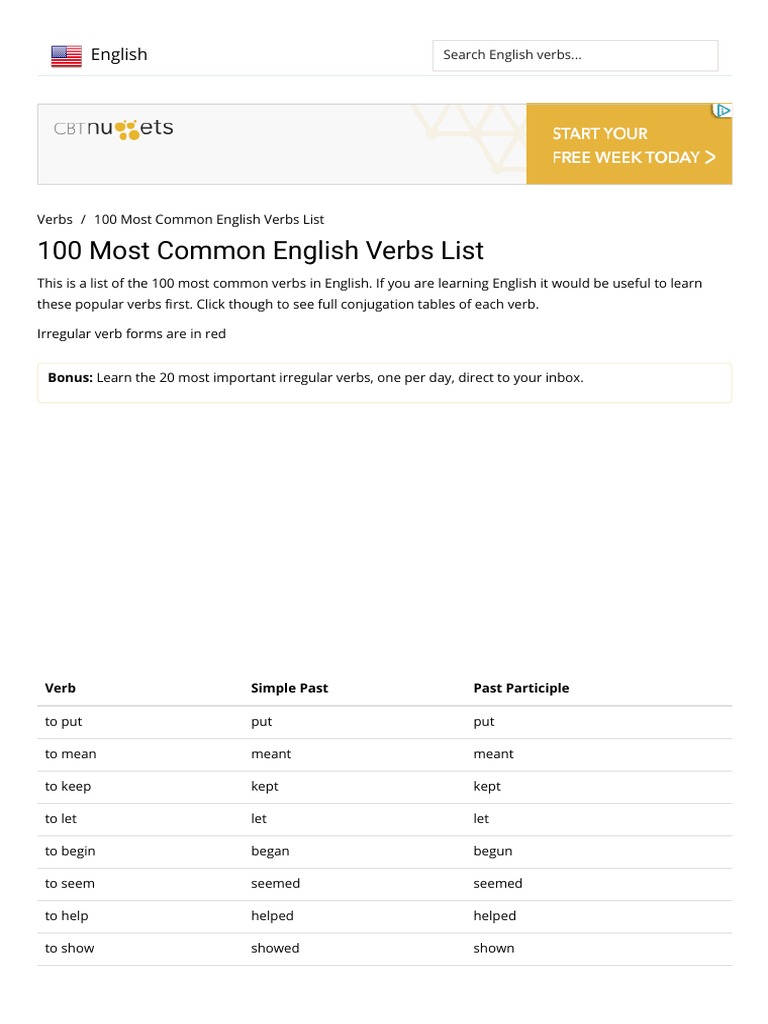 100 Most Common English Verbs List (Page 2) - Linguasorb PDF | Download ...