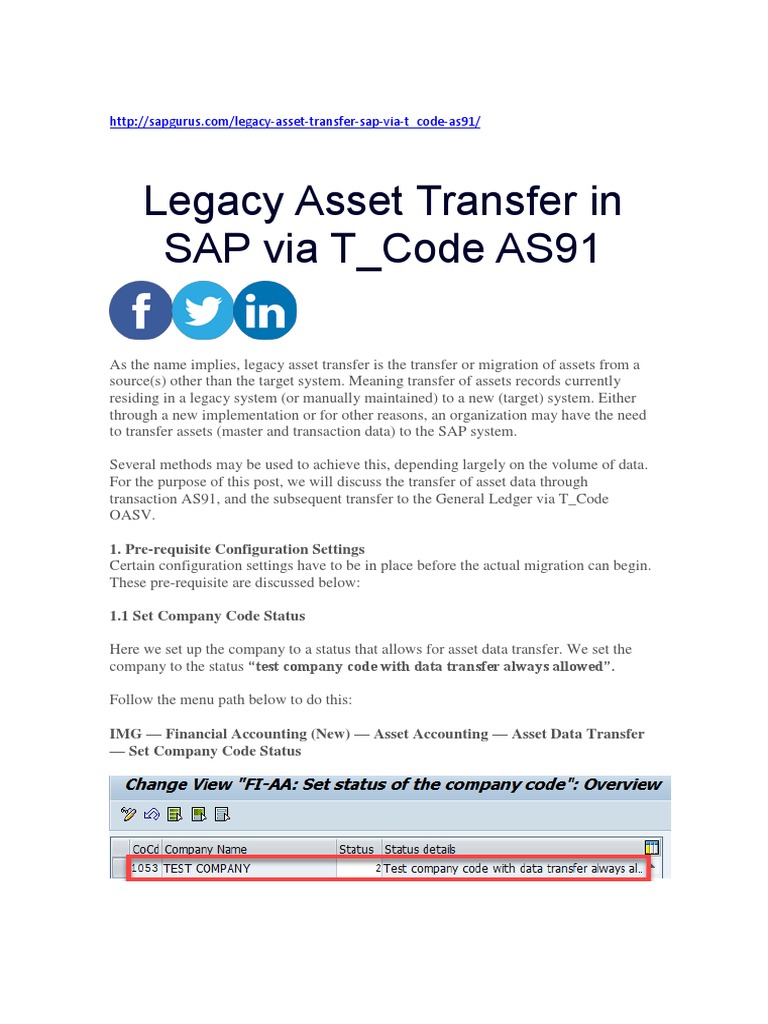 Legacy Asset Transfer in SAP Via T - Code AS91 | PDF | Book Value ...