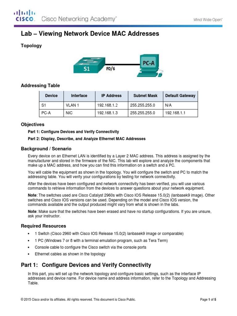 5.1.2.8 Lab - Viewing Network Device MAC Addresses | PDF | Network Switch | Network Topology