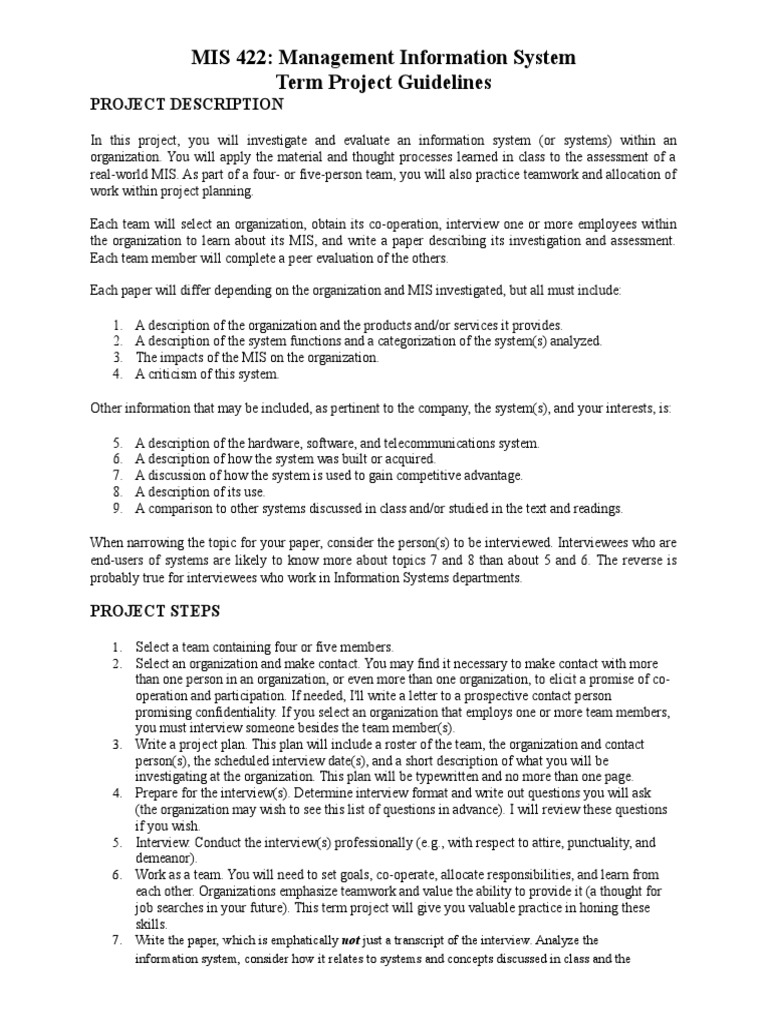 Project Guidelines-MIS 422 | PDF | Interview | Evaluation