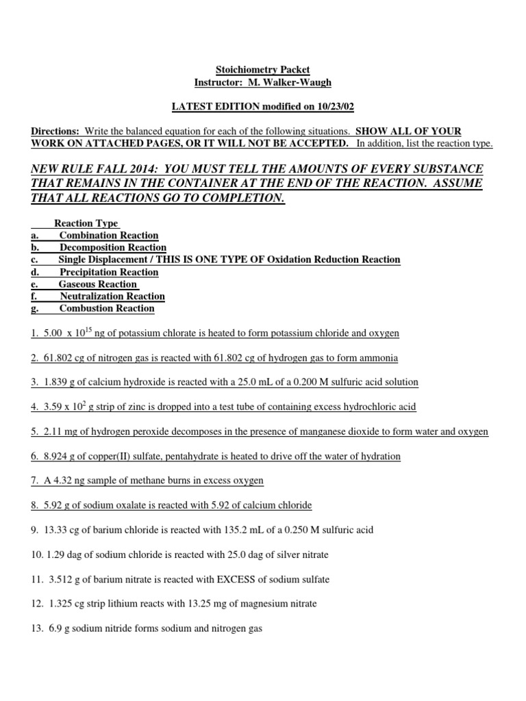 Stoichiometry Packet Key Fa17 | PDF | Stoichiometry | Chemical Reactions