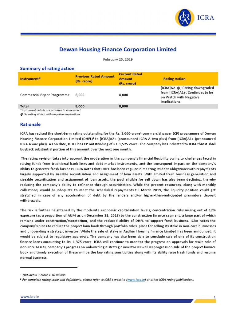 Dewan Housing Finance Corporation Limited: Summary of Rating Action ... Dewan Housing Finance Corporation Limited: Summary of Rating Action ...