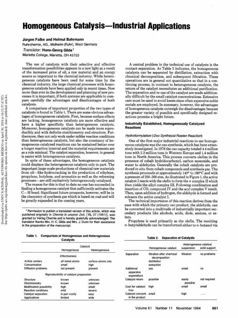 Homogeneous Catalysis | PDF | Catalysis | Hydrogenation