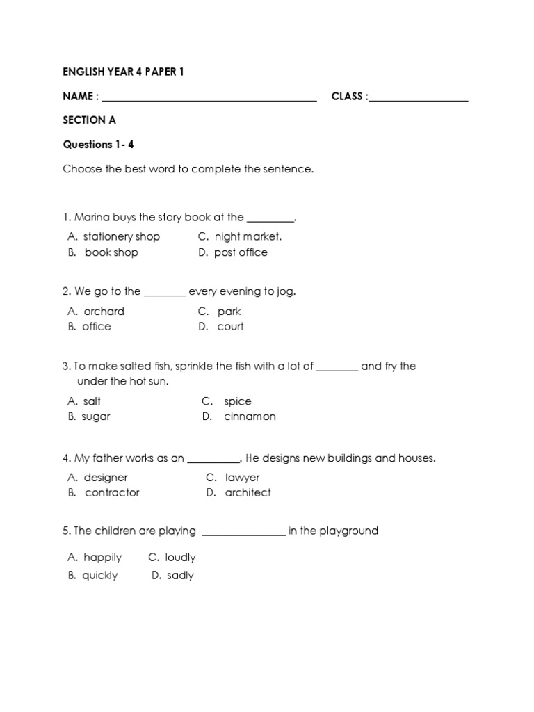 English Year 4 Paper 1 NAME: - CLASS: - Section A Questions 1-4 | PDF ...