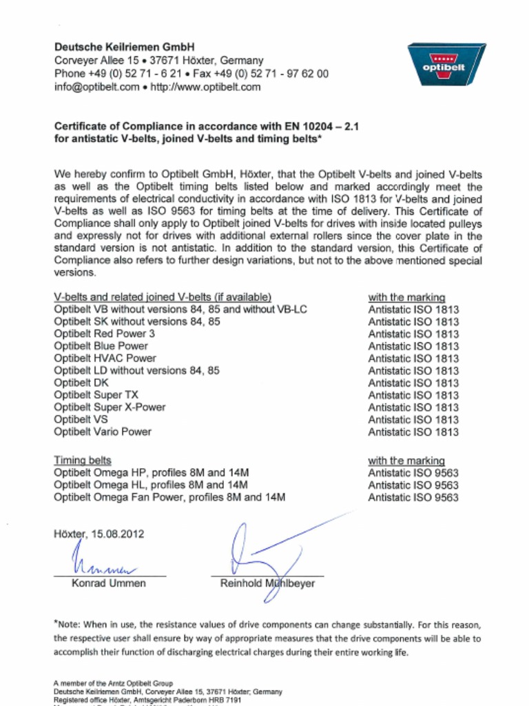 Optibelt Certificate Antistatic | PDF