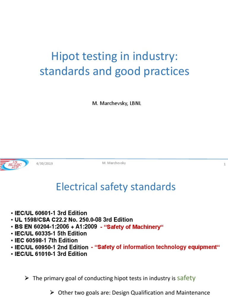 Hipot Testing in Industry: Standards and Good Practices: M. Marchevsky ...
