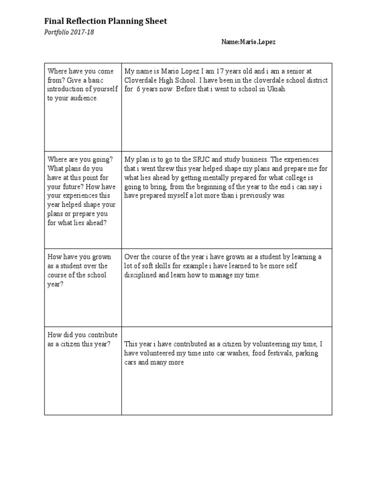 Portfolio Final Reflection Planning Sheet | PDF | Behavior Modification ...