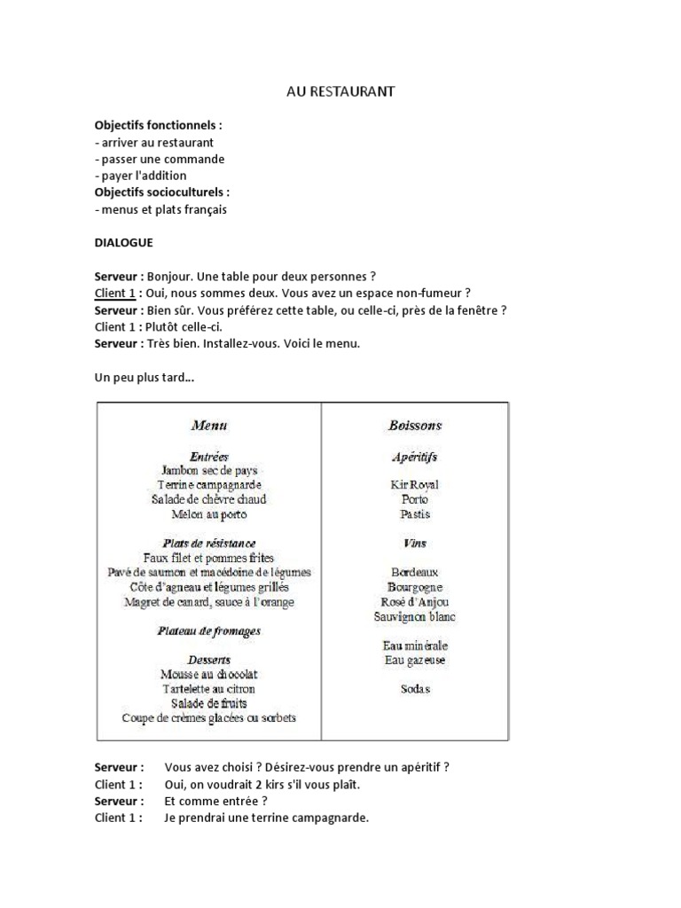 Dialogue et vocabulaire au restaurant | PDF | Vins | Restaurants