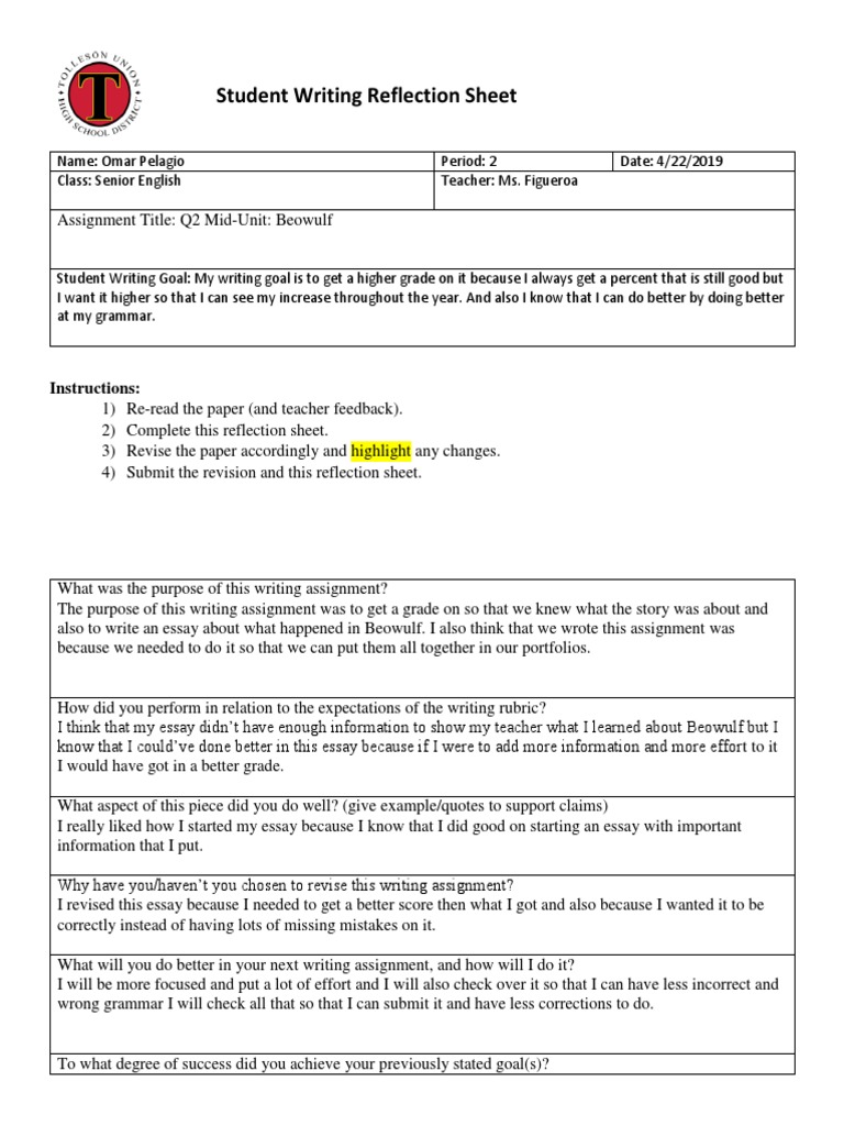 Beowulf Reflection | PDF | Essays | Goal