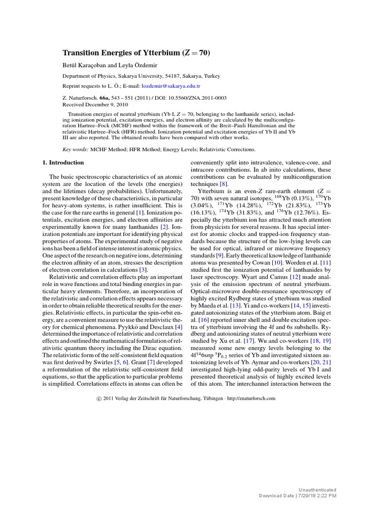 Transition Energies of Ytterbium | PDF | Electron Configuration | Ionization