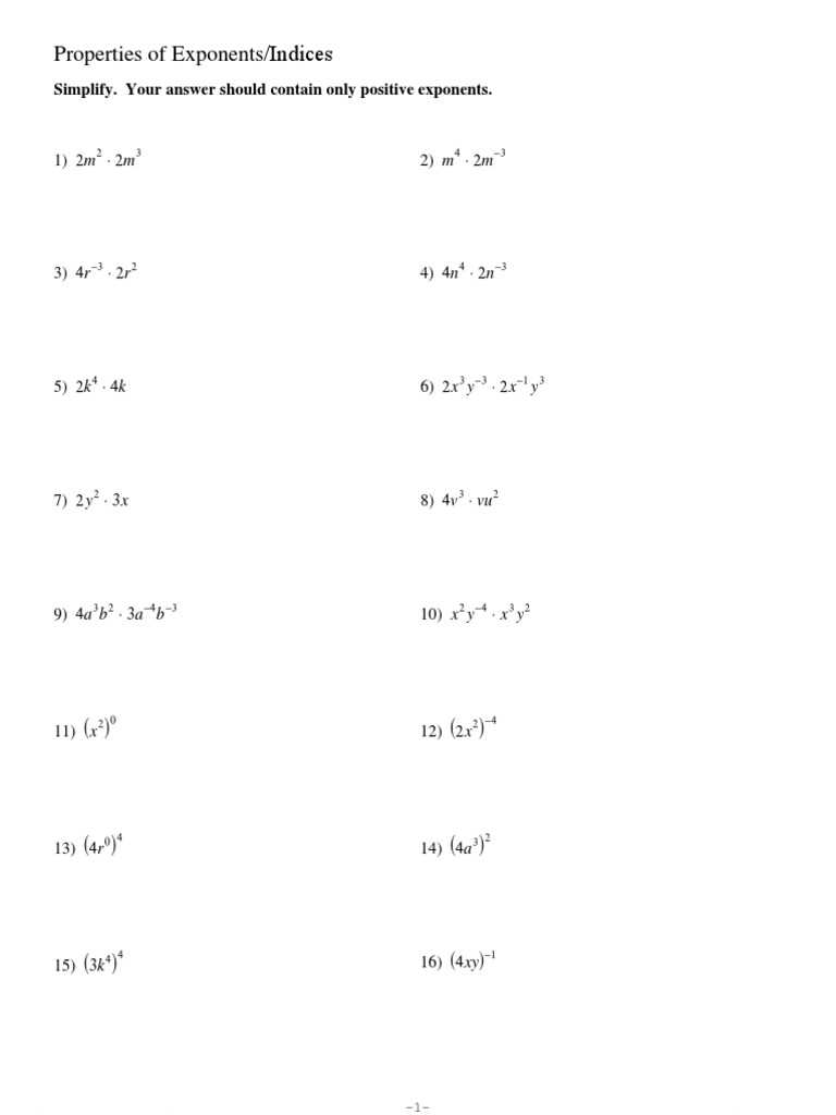 Worksheet - Properties of Exponents | PDF