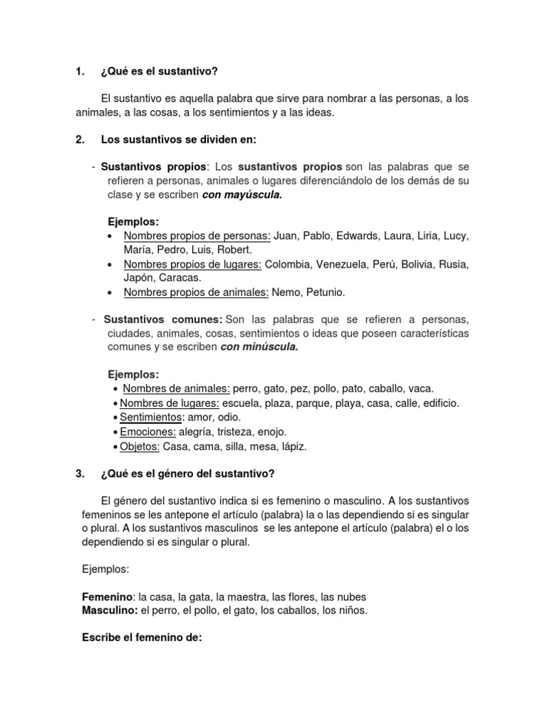 Cuestionario Del Sustantivo Examen | PDF | Sustantivo | Género gramatical