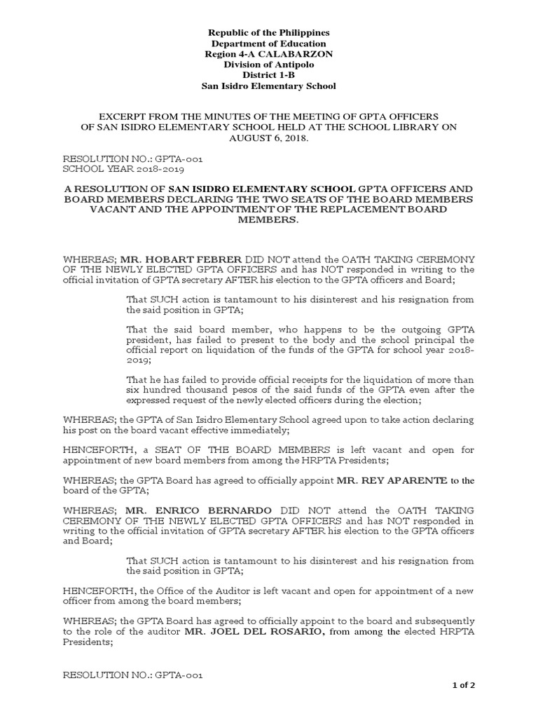 2018 Resolution No Gpta 001 Excerpt From The Minutes of The Meeting of ...