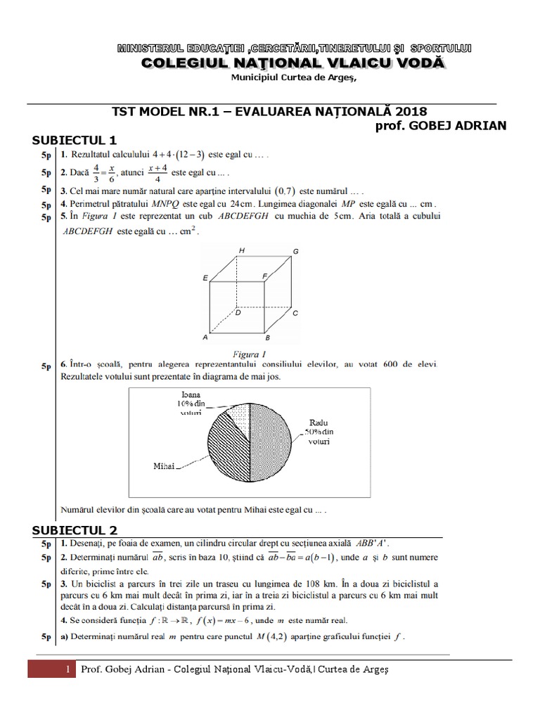 Test Final Model Nr. 1 Evalarea Nationala Matematica 2018 Prof. Gobej ...